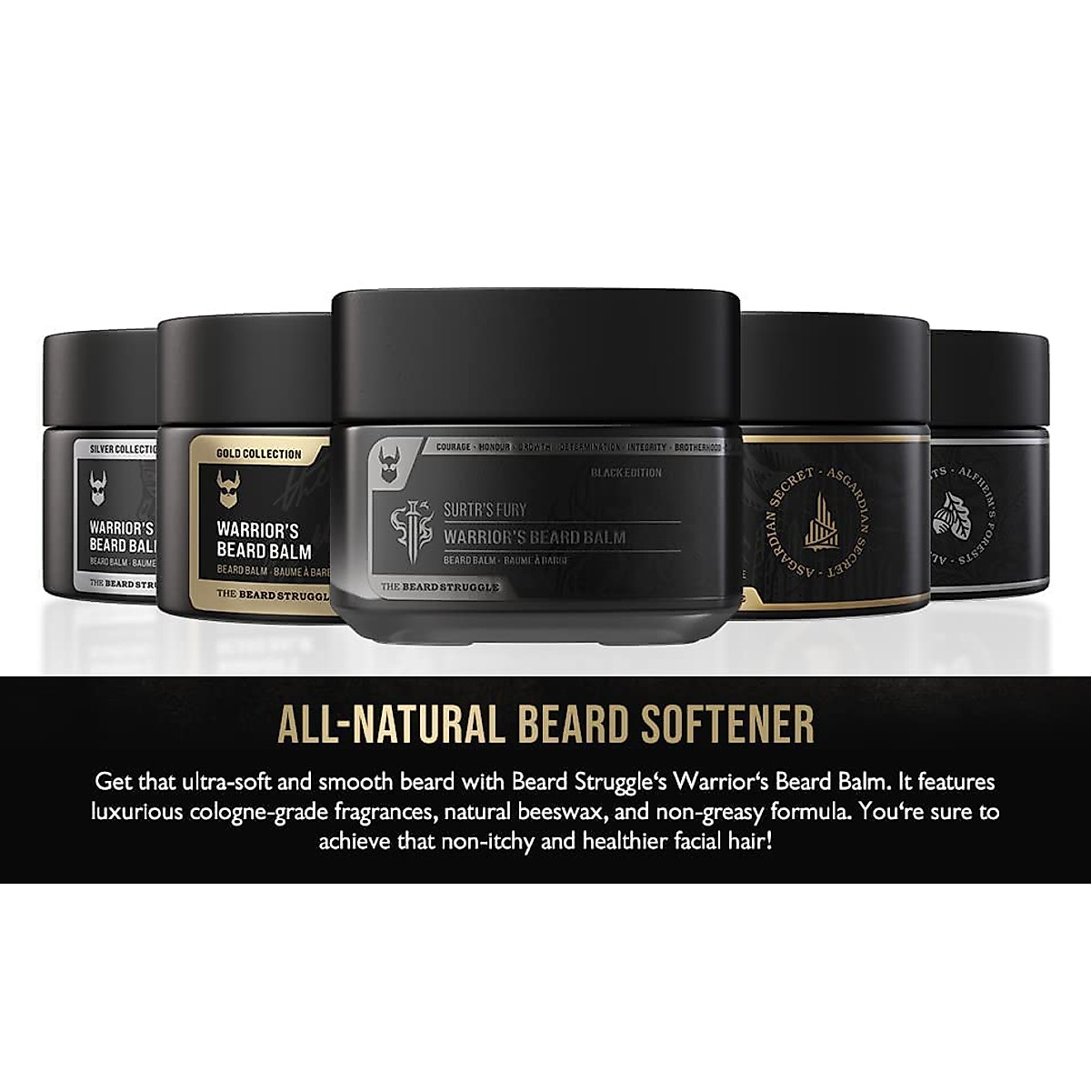 The Beard Struggle Warrior’s Beard Balm - Gold Collection, Asgardian Secret - Non-Greasy Low-Hold Formula, Luxurious Cologne-Grade Fragrances 100% Natural and Plant-Based Ingredients - 50g