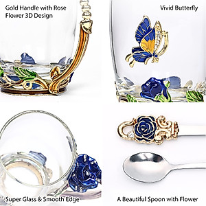 YHRJWN - Gifts for Women, Enamel Flower Butterfly Tea Cup, Tea Mugs for Women Mom Friends Sister, Mothers Day Birthday Christmas Valentines Day Gifts for Women Her 12 Oz with Spoon Gift Box(Blue Rose)