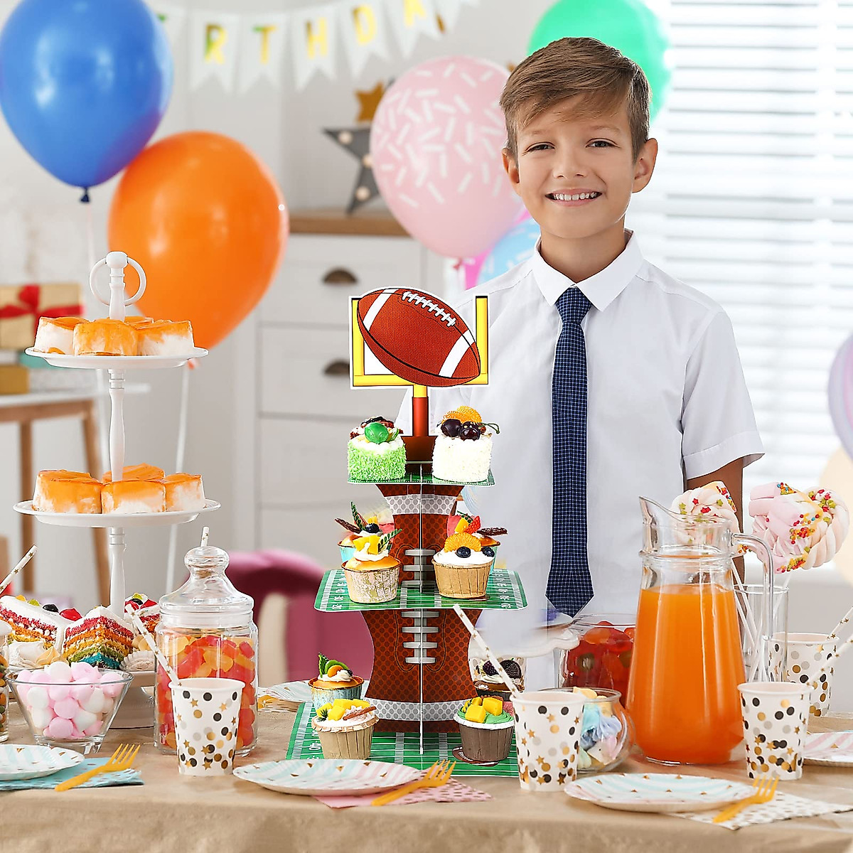 Football Theme Party Cupcake Stand Decorations, 3 Tier Party Cupcake Concession Stand Tower Sports Theme Birthday Party Dessert Stand for Kids Football Sports Party Supplies Decor (Football)