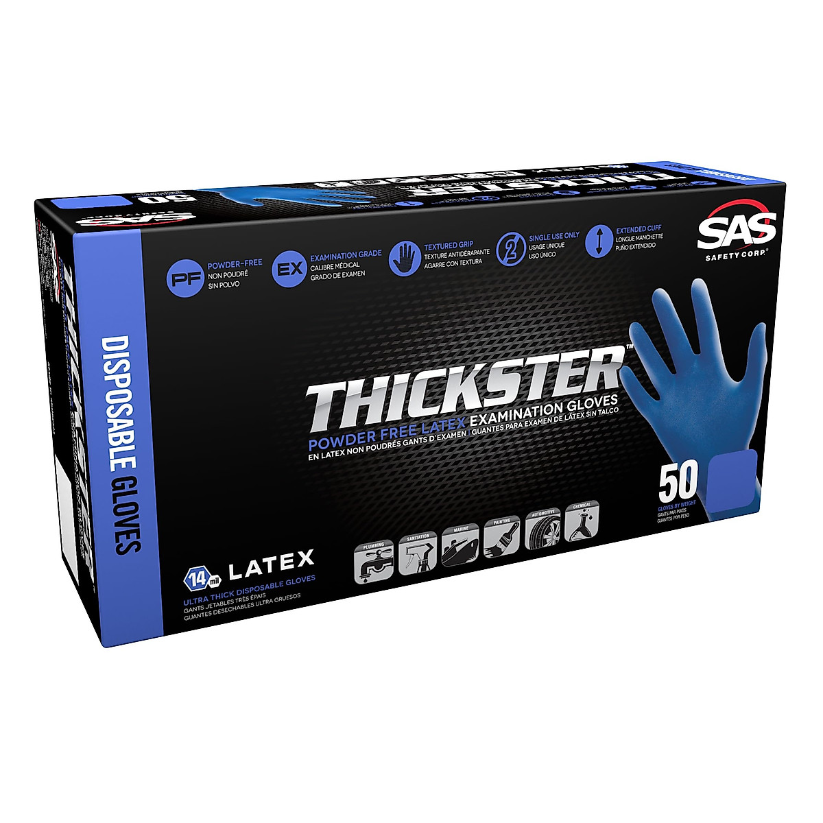 SAS Safety 6604-20 Thickster Powder Free Exam Grade Disposable Latex 14 Mil Gloves, Extra Large, 50 Gloves by Weight