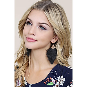 Bohemian Silky Thread Fan Fringe Tassel Statement Earrings - Lightweight Strand Feather Shape Dangles (Feather Fringe - Black)