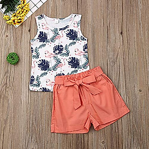 2Pcs/Set Fashion Toddler Kids Baby Girl Sleeveless T-Shirt Top+Floral Denim Shorts Outfits (Flamingo+Orange, 6-7 Years)