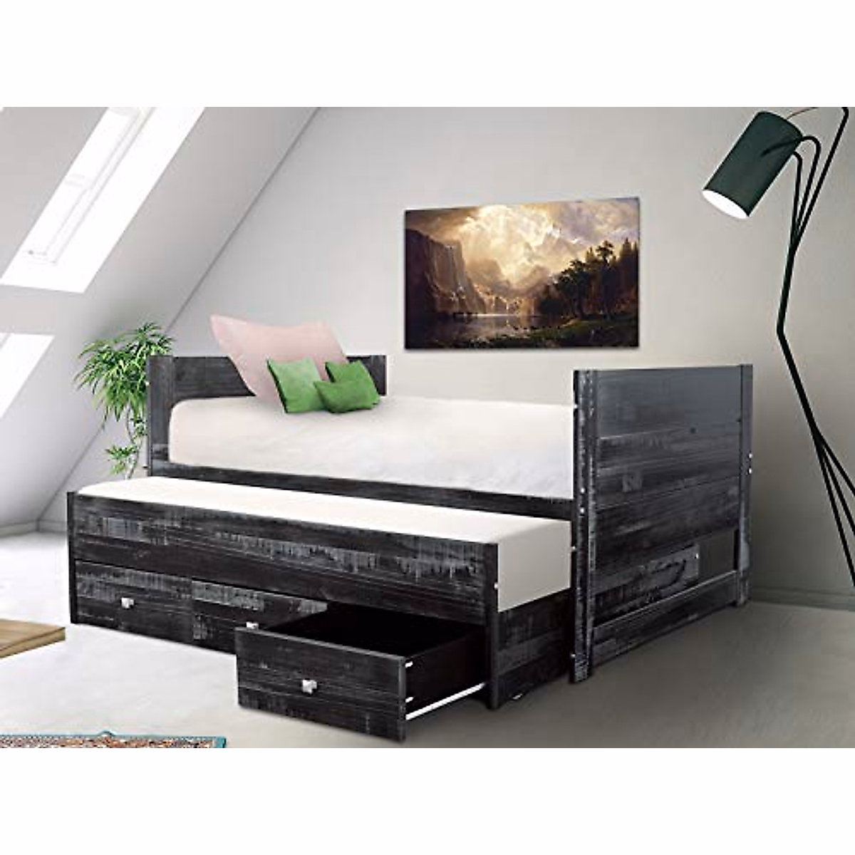 Bedz King All in One Twin Bed with Twin Trundle and 3 Built in Drawers, Weathered Black