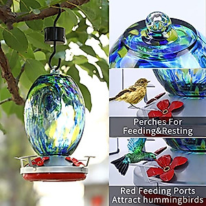 JALAMWANG Hummingbird Feeder for Outdoors Hanging, 25 Ounces, Hand Blown Glass, Leak Proof Rustproof, Containing Ant Moat, for Attract Hummingbird Garden Decoration etc(Blue Starry Night)