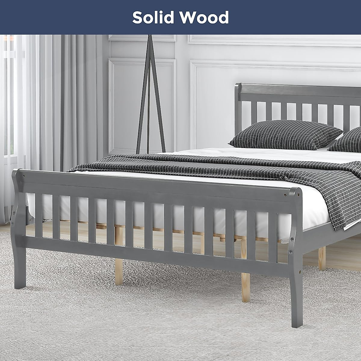 IULULU Queen Bed Frame, Solid Wood Platform Bed Frame with Headboard & Footboard, Queen Size Mattress Foundation with Wooden Slats Support, Easy Assembly, No Box Spring Needed, Light Grey