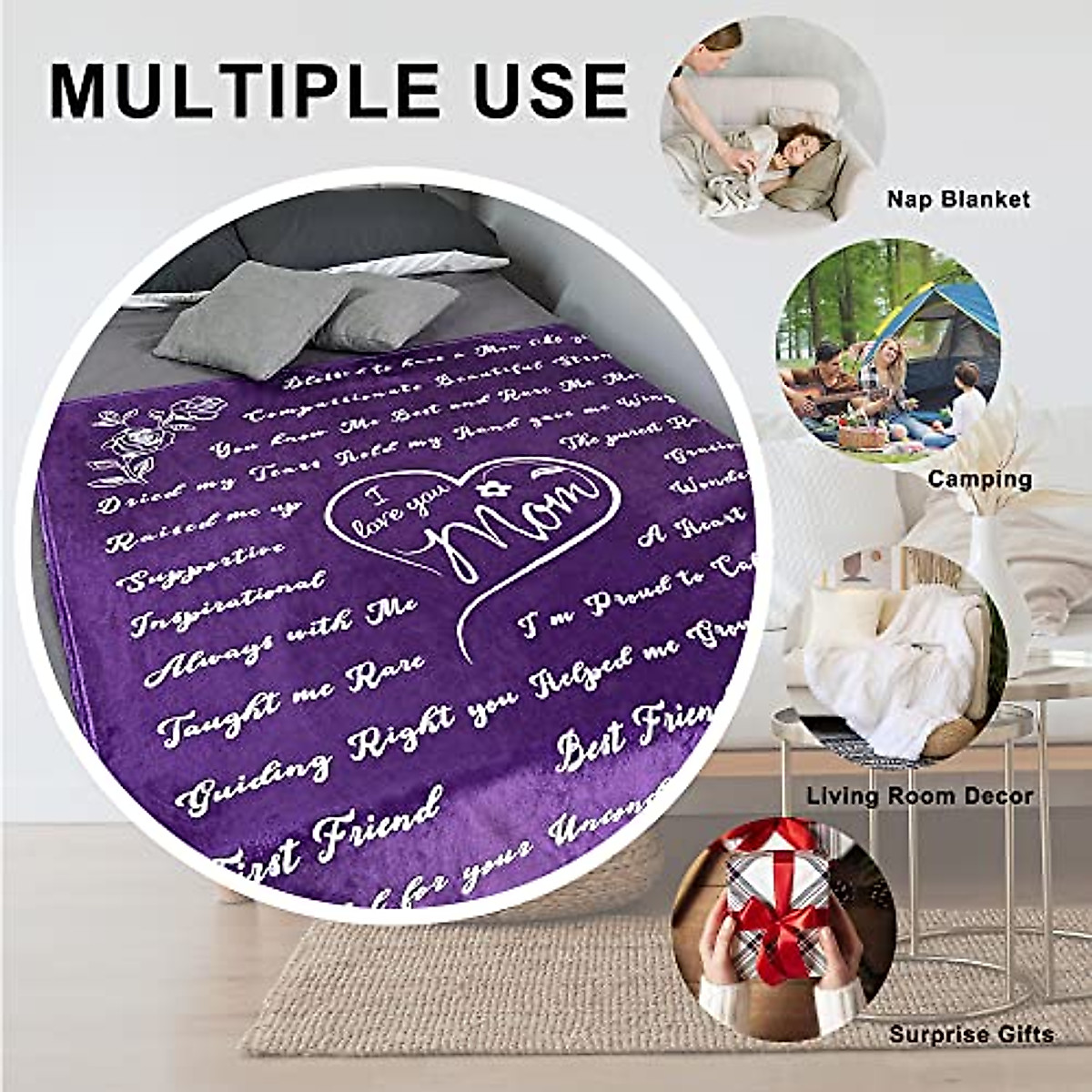 Mom Blankets Flannel Throw for Women Anniversary Birthday Gift Portable from Daughter Son Printed Warm Soft Couch Sofa Decor Purple 60"x80"