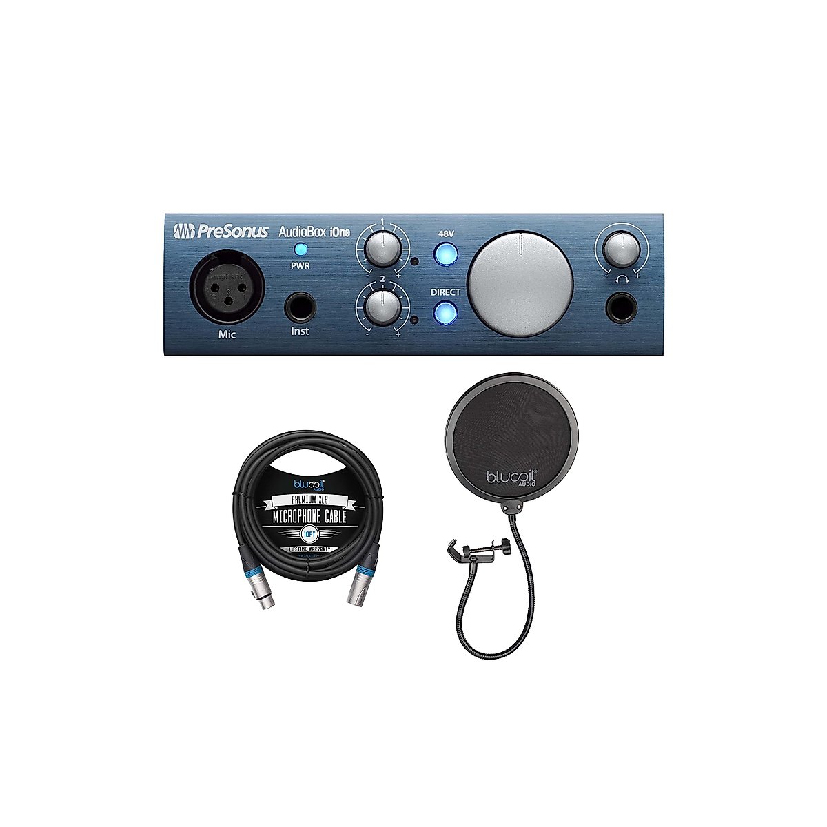 PreSonus AudioBox iOne 2x2 USB/iPad Audio Interface for Windows, Mac, and iOS Bundle with Blucoil 10-FT Balanced XLR Cable, and Pop Filter Windscreen