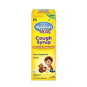 Cough Syrup for Kids Ages 2+ 100% Honey for Kids by Hyland's, Decongestant, Natural Relief of Cough and Chest Congestion, 4 Fl Oz