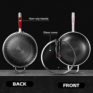 MEGOO 12.6 inch stainless steel nonstick wok pan with lid,stir fry honeycomb wok,cooking wok skillet,for gas cooktops,Induction,electric stove,dishwasher safe(PFA,PFOA Free)