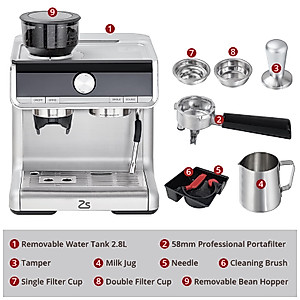 Coffee Machine 20 Bar Pressure, Stainless Steel Espresso Maker Cappuccino, And Macchiato With Milk Frother 2.8l Water Tank, Commercial Espresso Machine Barista Kit, For Latte