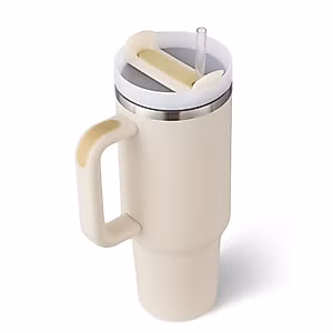 Ochapa 40 oz Tumbler with Handle Straw Lid Insulated Stainless Steel Vacuum Reusable Keep Drinks Cold Coffee Cup Holder Friendly Gifts for Women Men Lover Car Gym Travel, White
