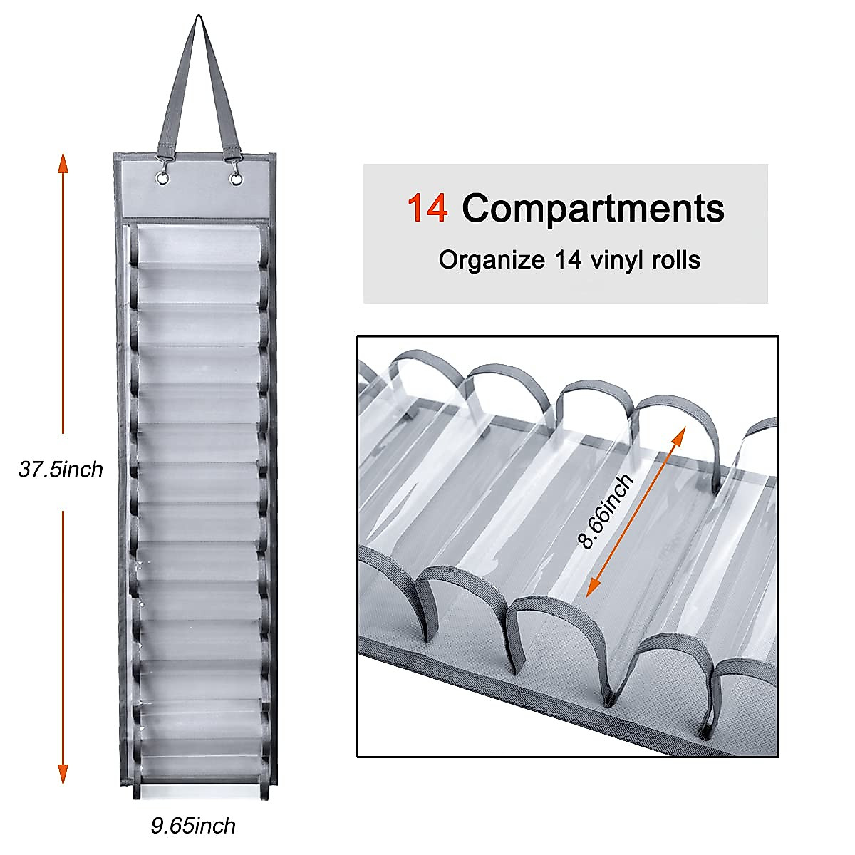 IRASPIN Vinyl Roll Holder, Vinyl Roll Storage Rack Wall Mount/Over The Door with14 Compartments,Safely Store Rolls up to 2.8 Inches in Diameter (2 Pack,Gray)