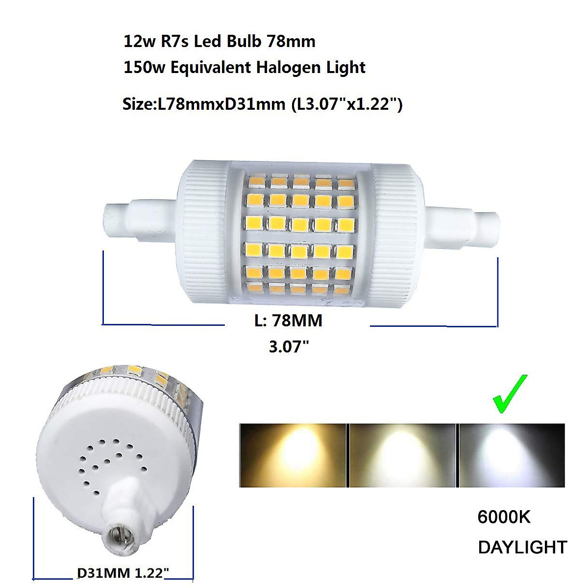 QLEE Dimmable 12w R7s Led Bulb 78mm Daylight 150w Equivalent Halogen Light 3.1" Double Ended J Base T3 R7s 150w 120v Flooding Light Reading Working Security Floor Lamp Soft Light 2PCS