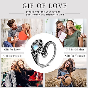 Moonstone Spoon Ring 925 Sterling Silver Open Adjustable Ring Oxidized Victorian Vintage Flower Thumb Rings for Women