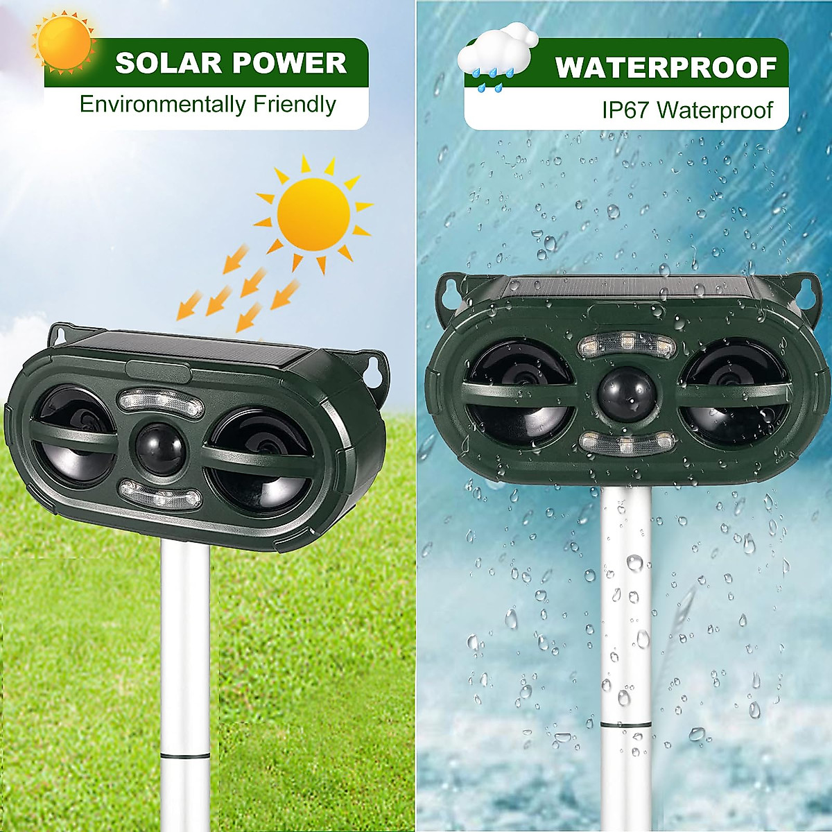 2024 Ultrasonic Animal Repellent, Upgraded Outdoor Cat Solar Powered Squirrels Deterrent with Motion Sensor,Sound,LED Flashing,Waterproof Deer Repeller,Animal Repellent for Dog Bird Skunk Rabbit