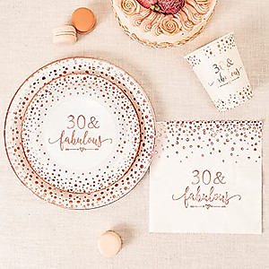 Crisky Rose Gold Foil 30 Fabulous Napkins Plates Cups Set for Women 30th Birthday Party Decorations Supplies, Disposable Tableware Set of 24 (9" Plates, 7" Plates, Luncheon Napkins, 9oz Cups)