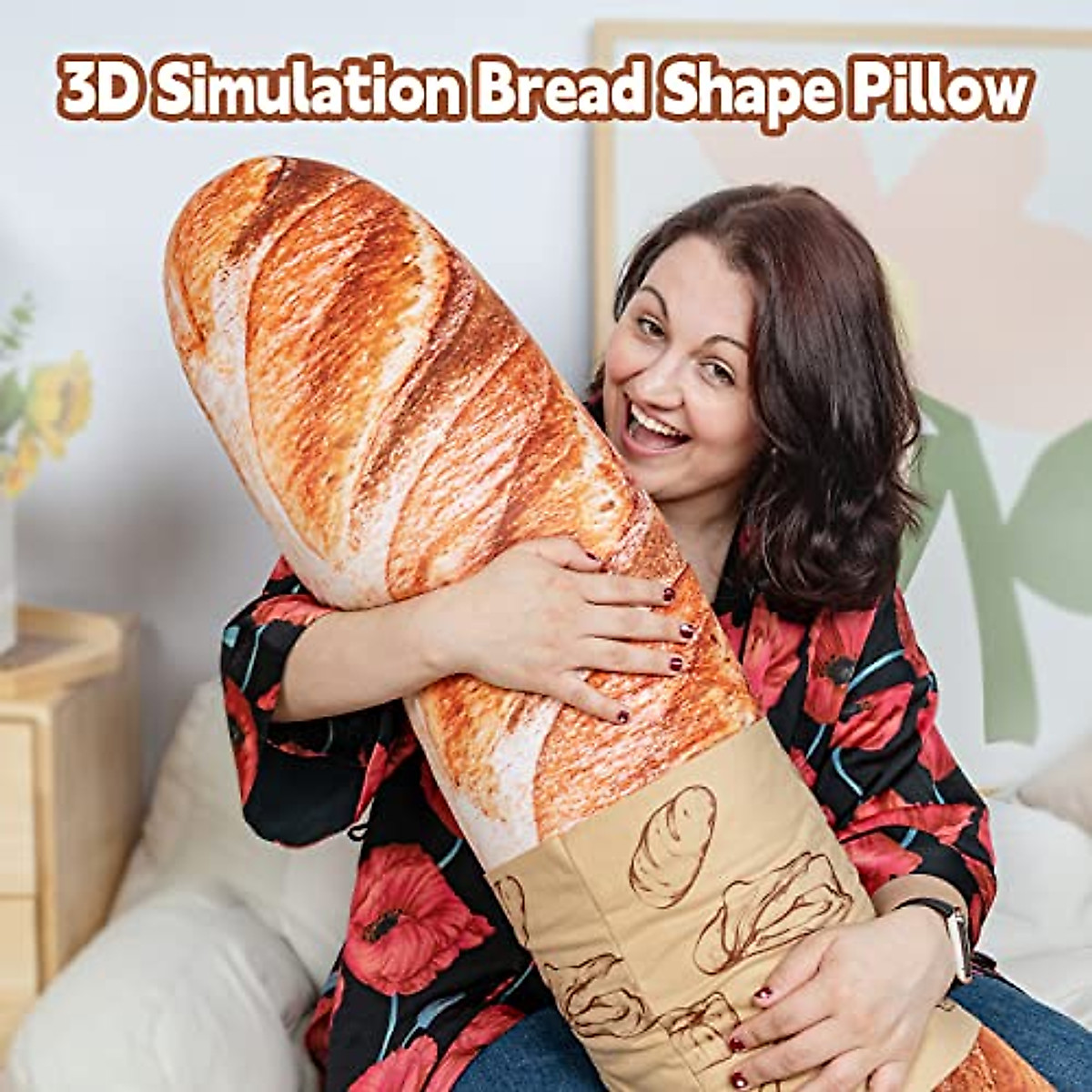 Mewaii 3D Simulation Bread Plush Pillow, Soft Butter Toast Bread Kids Body Pillow Lumbar Baguette Back Cushion, Bread Food Shape Pillow Stuffed Toys Gift for Girls Boys (36 Inches)