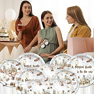 96 Pcs Magical Wizard Baby Shower Party Supplies A Magical Bundle is On The Way Party Tableware and Napkins for Baby Castle Witch Wizard School Disposable Paper Plates for 24 Guests