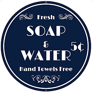 Fresh Soap and Water Sign - 12 x 12 Inches - Aluminum - Navy Blue Bathroom Decor - Vintage Bath Metal Wall Art Plaque Accessories