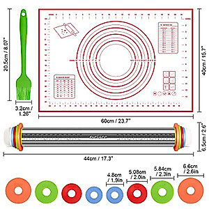 FACIACC Adjustable Rolling Pin with Thickness Rings Adjustable Stainless Steel 17.3 inch Christmas Rolling Pins with Silicone Baking Mat for Baking Dough, Pizza Pie, Pastries, Pasta and Cookies