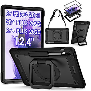 DETUOSI 360 Rotating Hybrid Case for Samsung Galaxy Tab S7 FE 5G/ S8+Plus/ S7+Plus 12.4" with S Pen Holder & Shoulder Strap, 360 Degree Swivel Kickstand Heavy Duty Hybrid Bumper Protective Kids Cover