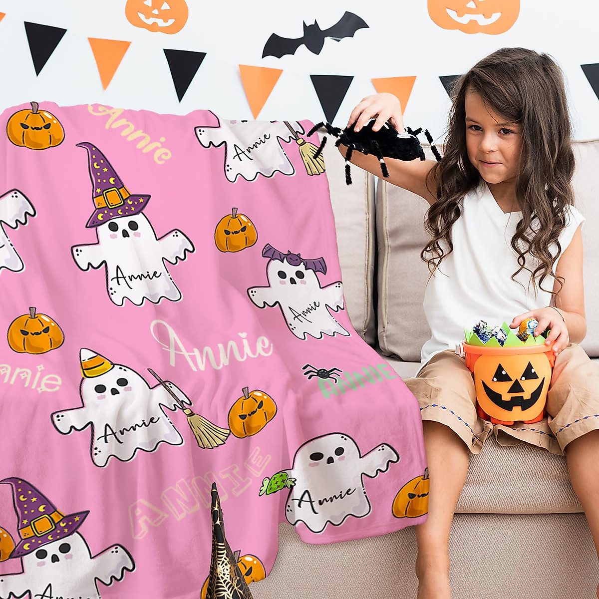 Custom Halloween Blanket for Girls, Personalized Baby Blanket for Boys with Name, Custom Super Soft Throw Blanket for Kids, Halloween Pumpkin Ghost Blanket Decoration, Personalized Halloween Baby Gift
