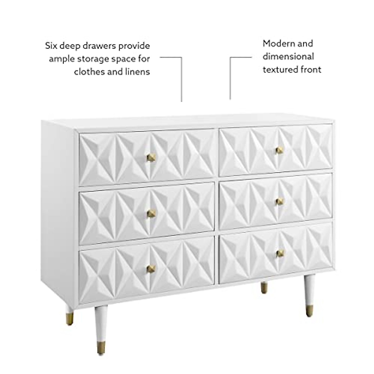 Linon Home Décor Sheerah Six Drawer Geo Texture White Dresser, Gold
