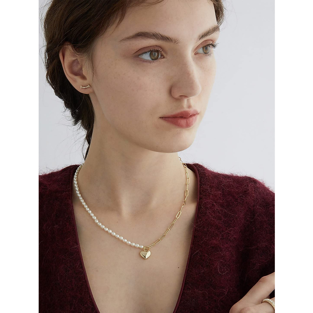 Cowlyn Love Heart Necklace Pendant 14K Gold Plated Paper Clip Chain Pearl Chain Vintage Charm Valentine Gift Women Jewelry