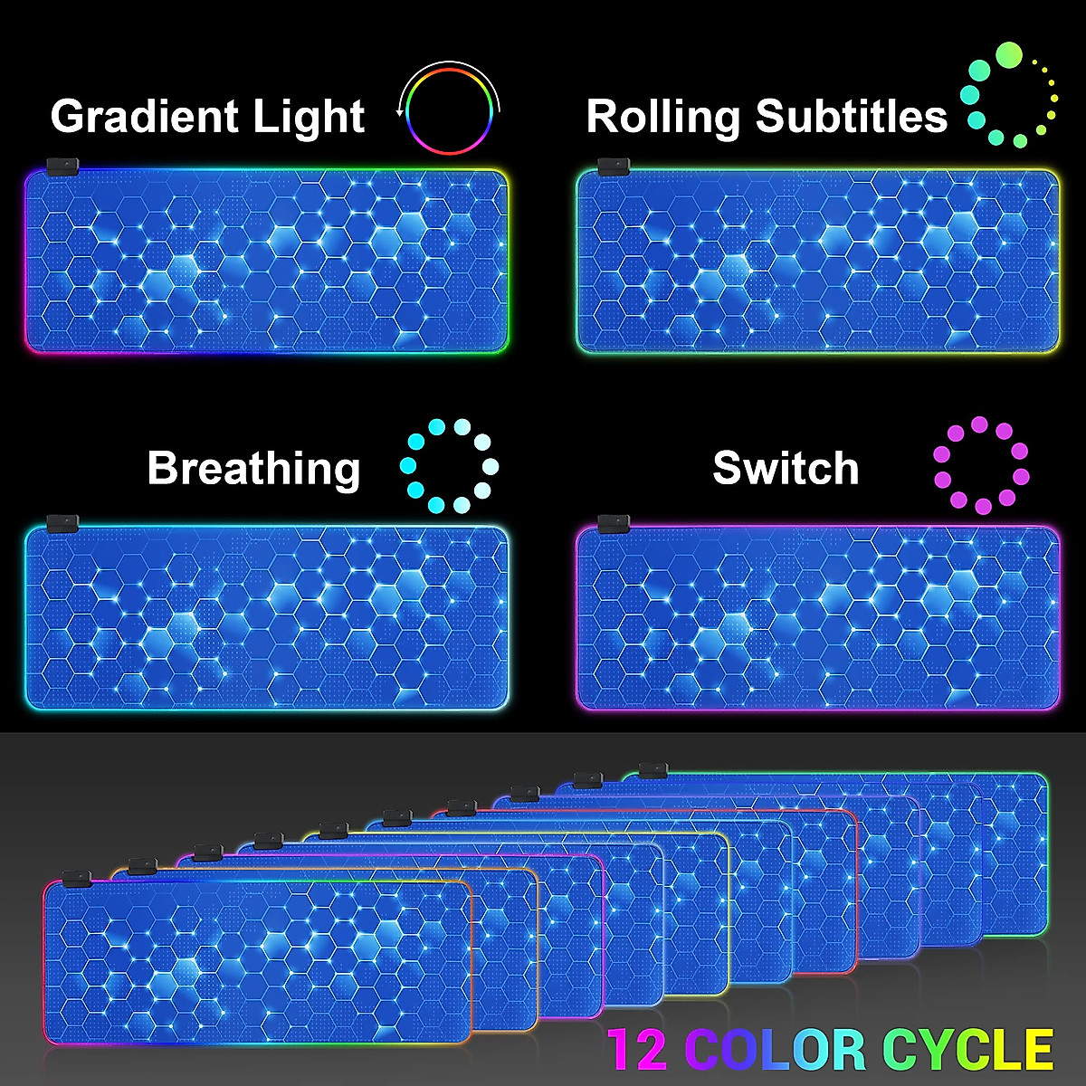 SIMEEGO RGB Gaming Mouse Pad, Led Mouse Pad with 14 Lighting Mods Large Sized Soft mousepad, Waterproof, Low Friction Hard Surface Keyboard Mouse Mat for Gaming and Work -31.5×11.8 (Honeycomb Hexagon)