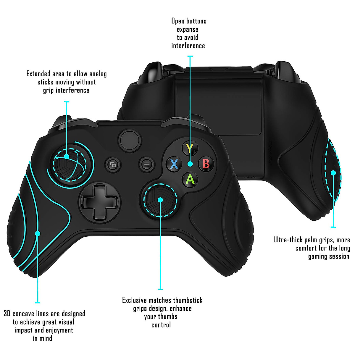 PlayVital Samurai Edition Black Anti-Slip Controller Grip Silicone Skin for Xbox One X/S Controller, Ergonomic Soft Rubber Protective Case Cover for Xbox One S/X Controller with Black Thumb Stick Caps