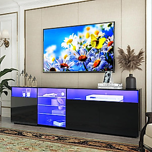 Vinctik 6&Fox High Glossy LED TV Stand for 65 inch TV,Modern White Entertainment Center/White TV Stand with Adjustable Storage Shelf,RGB LED 20 Color Lighting,Smart Modern TV Cabinet(63inch, Black)