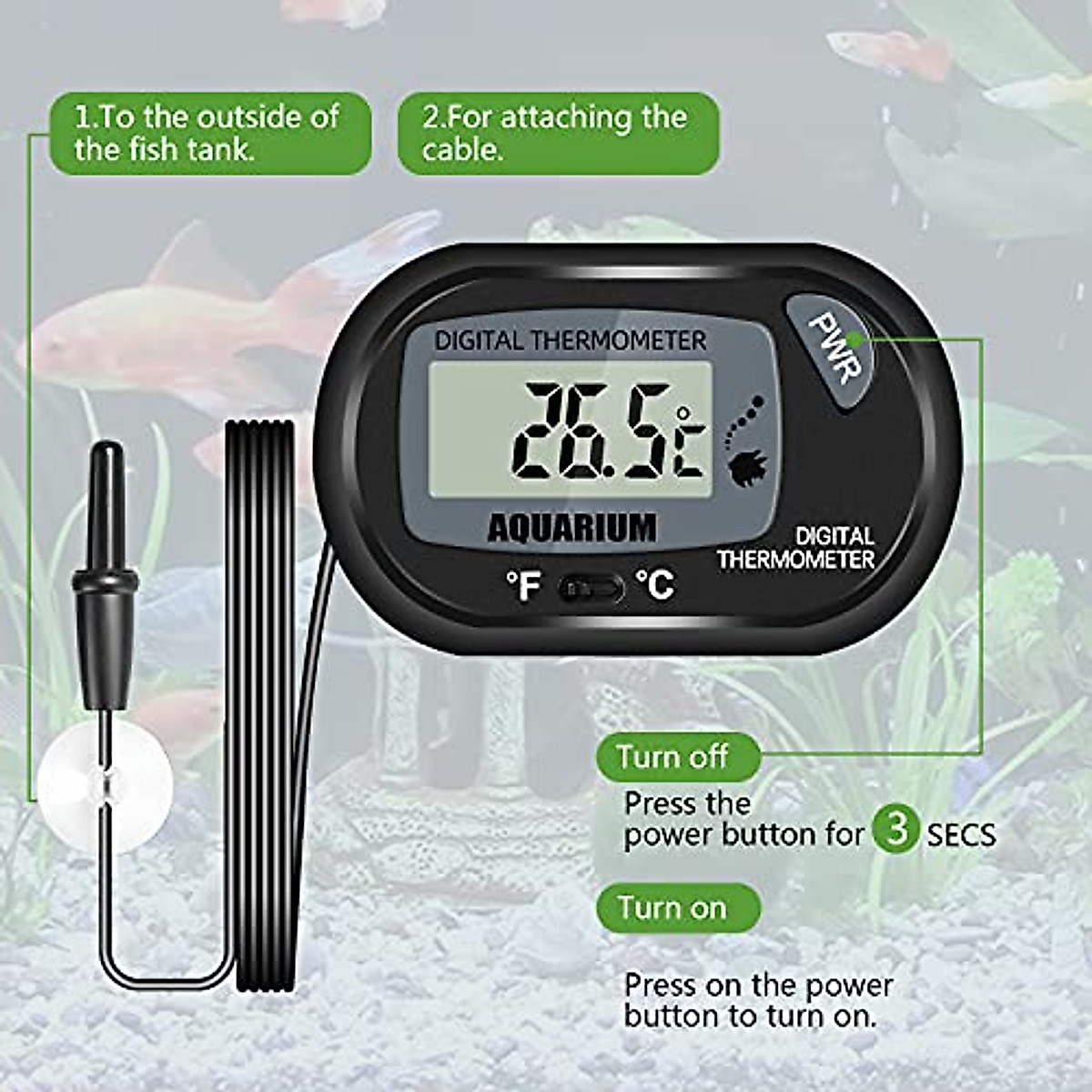 Thlevel LCD Digital Aquarium Thermometer, Fish Tank Thermometer with Water-Resistant Sensor Probe and Suction Cup for Reptile, Turtle Incubators, Terrarium Water Thermometer (4)