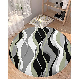 Sage Green Stripes Fluffy Round Area Rug Carpets 4ft, Plush Shaggy Carpet Soft Circular Rugs, Non-Slip Fuzzy Accent Floor Mat for Living Room Bedroom Nursery Decor Modern Geometric Black Grey White