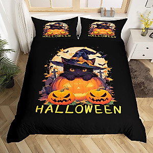 Happy Halloween Kids Duvet Cover Set King Size,Moon Pumpkin Lantern Witch Hat Bedding Set,Boys Girls Room Decor,Cartoon Cat Bat Animal Rustic Comforter Cover,Black Trippy Quilt Cover,2 Pillowcases