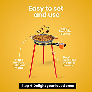 Machika Ibiza Paella Kit with 28-inch Carbon Steel Pan | 8-16 - 24 in Triple Ring Paella Burner and Stand Set (34 in) | Perfect for Gastronomic Events, Caterings, Camping | 25 Servings |