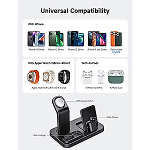 RJR Updated 3 in 1 Charging Station for Apple Devices, Self Adjusting Charging Dock for iWatch 8 7 6 SE 5 4 3 2 1, Built-in Charger Stand for iPhone Series AirPods Gifts (with 15W Adapter) Black