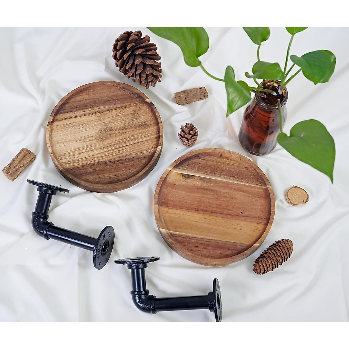 Round Circular Shelves Floating Acacia Wood (Set of 2) Diameter 7.1 inches. Wall Mounted Planter Shelves with Pipe Brackets. Chic Modern Rustic Industrial Pipe Décor for Display, Trophy, Ornaments