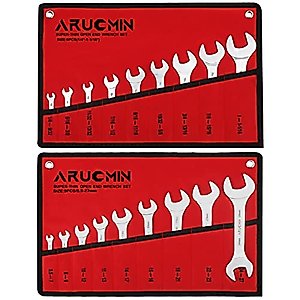 ARUCMIN Super-Thin Open End Wrench Set, 18-Piece SAE & Metric 1/4" to 1-1/16" and 5.5mm to 27mm Chrome Vanadium Steel Wrench Set with Rolling Pouch