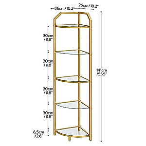 HOOBRO 5-Tier Corner Shelf Stand, Gold Corner Bookshelf, Tempered Glass Shelves, Corner Plant Stand, for Living Room, Bedroom, Study, Bathroom, Balcony, Modern Style, Gold GD14CJ01