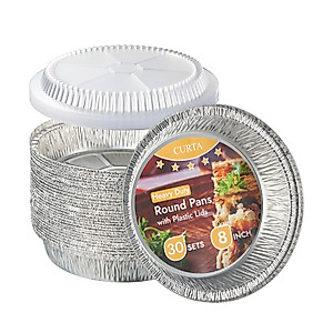 CURTA 8" Round Aluminum Foil Pans with Clear Lids | Heavy Duty | Great for Broiling, Baking, Storage, Roasting, Takeout, Air Fryer | 30 Pack