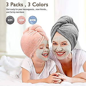 BEoffer 3 Pack Microfiber Hair Towel Wrap Super Absorbent Twist Turban for Women Fast Drying Hair Caps with Buttons for Drying Curly, Long & Thick Hair Anti Frizz(Gray+Pink+Blue)