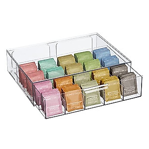 mDesign Divided Plastic Tea Organizer Bin with Drawer - Stackable Tea Bag Holder for Kitchen, Pantry, and Cabinet - Caddy with Small Dividers - 20 Sections - Lumiere Collection - Clear