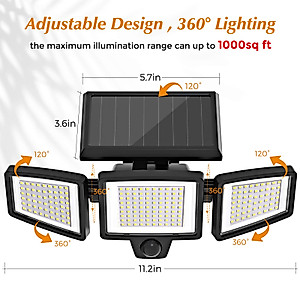 KERNOWO Solar Lights Outdoor, 210 LED 2500LM Solar Flood Security Lights with 25FT Motion Sensor IP65 Waterproof 3 Heads Spot Flood Wall Lights for Porch Garage Yard Entryways Patio (Black, 2pcs)