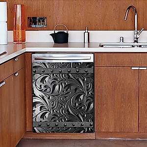 Black Floral Dishwasher Magnet Metal Flower Cover,Engraved Dark Pattern Sticker for Fridge,Refrigerator Magnetic Panel Decals,Home Appliances Cabinet Magnets