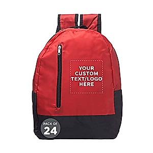 DISCOUNT PROMOS 24 Quick Zip Backpacks Set - Customizable Text, Logo - Polyester, Unique features, Front Pocket, Vibrant - Red