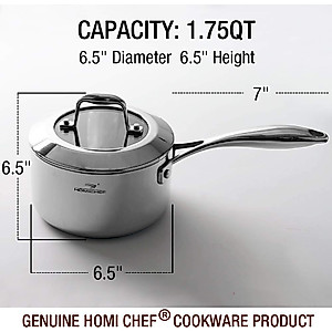 HOMI CHEF Mirror Polished NICKEL FREE Stainless Steel 1.75 QT(Quart) Sauce Pan with Glass Lid (No Toxic Non Stick Coating, Whole-Clad 3-Ply) Soup Pot Small Cooking Pot
