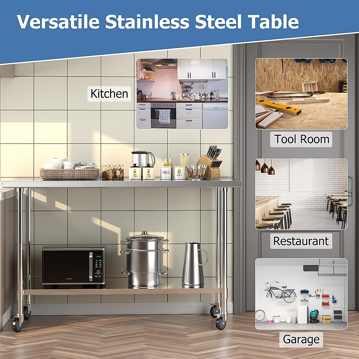 Goplus Stainless Steel Table with Wheels, 60” x 24” Rolling Kitchen Prep Table Work Table with Height Adjustable Under Shelf, Footpads, 900LBS Capacity, Food Prep Metal Table for Commercial Kitchen