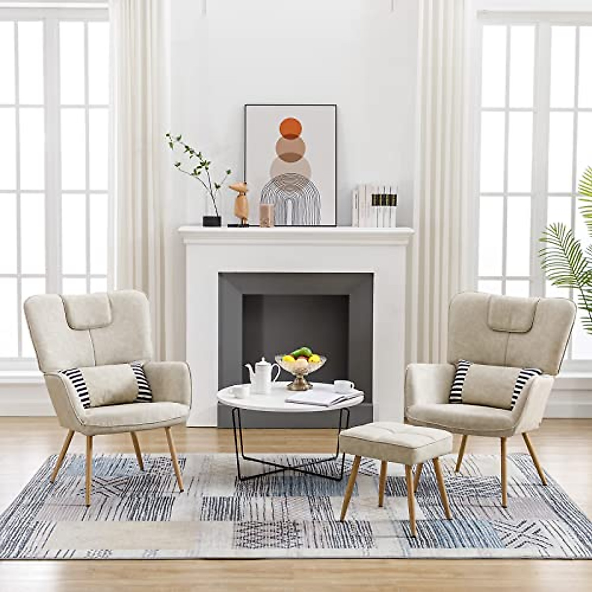 FERFALDER Upholstered Wingback Chair, Accent Chair with Ottoman, Comfy Living Room Chairs, Faux Leather Arm Chairs for Living Room, Bedroom, Office and Study, Beige