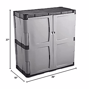 Rubbermaid Freestanding Storage Cabinet with Doors, 18"D x 36"W x 37"H, Medium, Gray/Black, Two-Shelf Lockable Cabinet for Indoor/Outdoor/Garage Storage for Garden Tools/Lawn Care Accessories