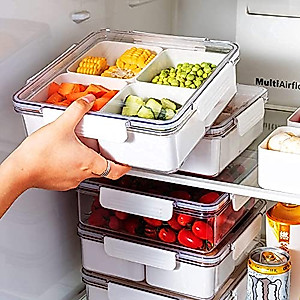 MineSign 2Pack Divided Veggie Tray with Lid for Snack Serving Container Salad Keeper with 4 Removable Boxes Stackable Refrigerator Organizer Bins Produce Saver for Meal Prep Fruit